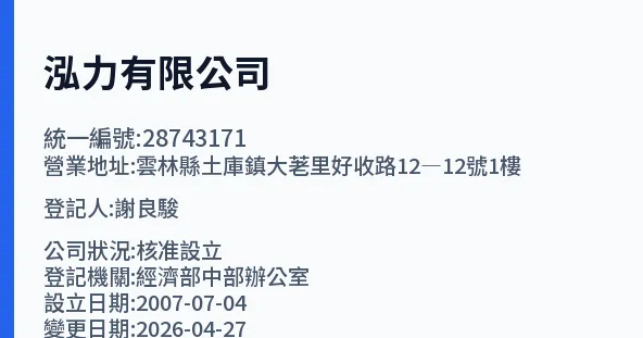 泓力有限公司的照片-統編 28743171(雲林縣) 公司登記資料與營業項目詳細圖表