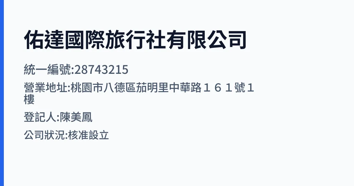 佑達國際旅行社有限公司 - 統編 28743215(桃園市) 公司登記資料與營業項目詳細圖表
