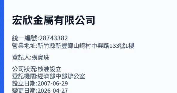 宏欣金屬有限公司的照片-統編 28743382(新竹縣) 公司登記資料與營業項目詳細圖表