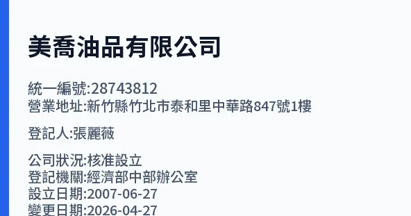 美喬油品有限公司的照片-統編 28743812(新竹縣) 公司登記資料與營業項目詳細圖表