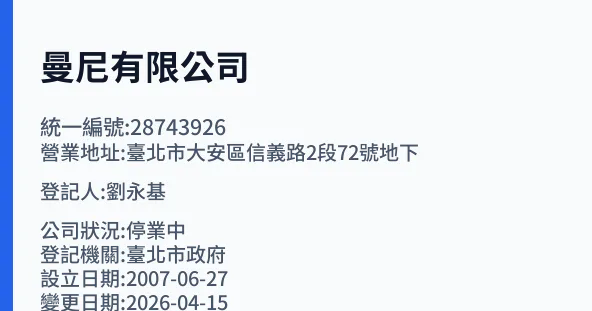 曼尼有限公司的照片-統編 28743926(臺北市) 公司登記資料與營業項目詳細圖表