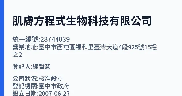 肌膚方程式生物科技有限公司的照片-統編 28744039(臺中市) 公司登記資料與營業項目詳細圖表