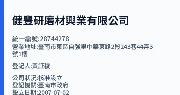 健豐研磨材興業有限公司的照片-統編 28744278(臺南市) 公司登記資料與營業項目詳細圖表