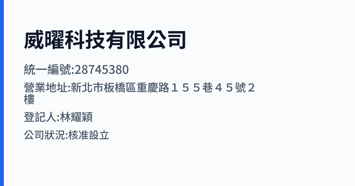 威曜科技有限公司 - 統編 28745380(新北市) 公司登記資料與營業項目詳細圖表