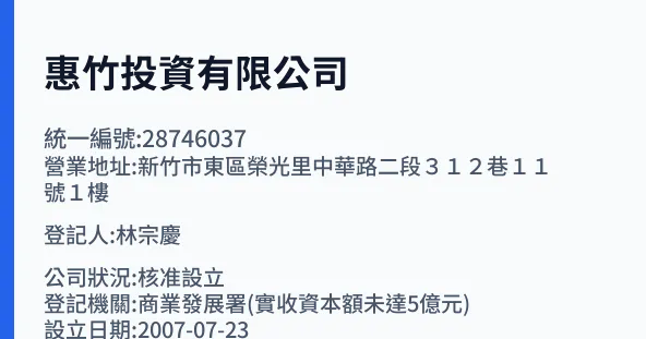 惠竹投資有限公司的照片-統編 28746037(新竹市) 公司登記資料與營業項目詳細圖表