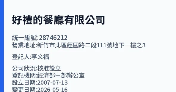 好禮的餐廳有限公司的照片-統編 28746212(新竹市) 公司登記資料與營業項目詳細圖表