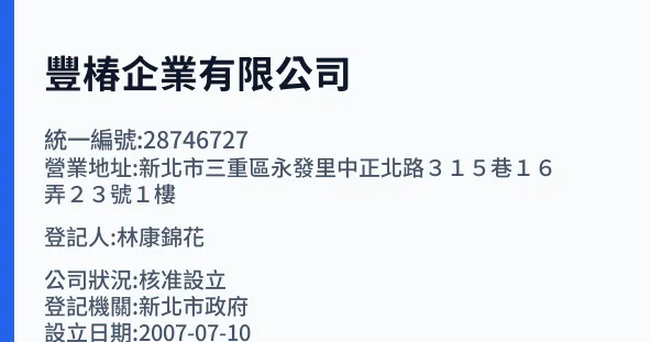 豐椿企業有限公司的照片-統編 28746727(新北市) 公司登記資料與營業項目詳細圖表