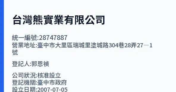 台灣熊實業有限公司的照片-統編 28747887(臺中市) 公司登記資料與營業項目詳細圖表