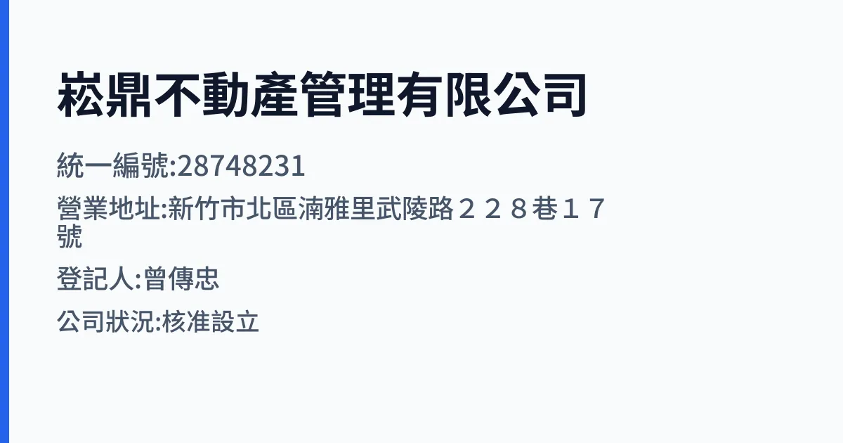 崧鼎不動產管理有限公司 - 統編 28748231(新竹市) 公司登記資料與營業項目詳細圖表
