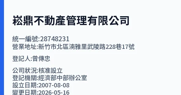 崧鼎不動產管理有限公司的照片-統編 28748231(新竹市) 公司登記資料與營業項目詳細圖表