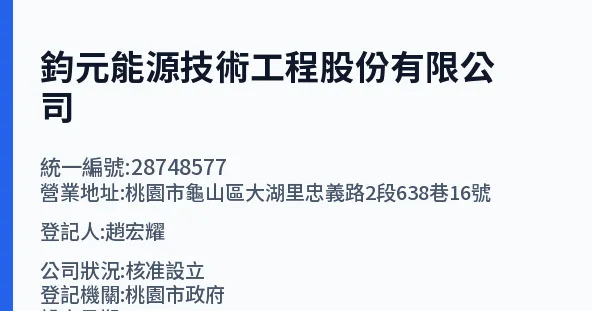 鈞元能源技術工程股份有限公司的照片-統編 28748577(桃園市) 公司登記資料與營業項目詳細圖表