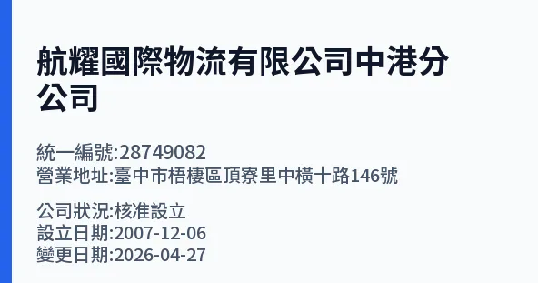 航耀國際物流有限公司中港分公司的照片-統編 28749082(臺中市) 公司登記資料與營業項目詳細圖表
