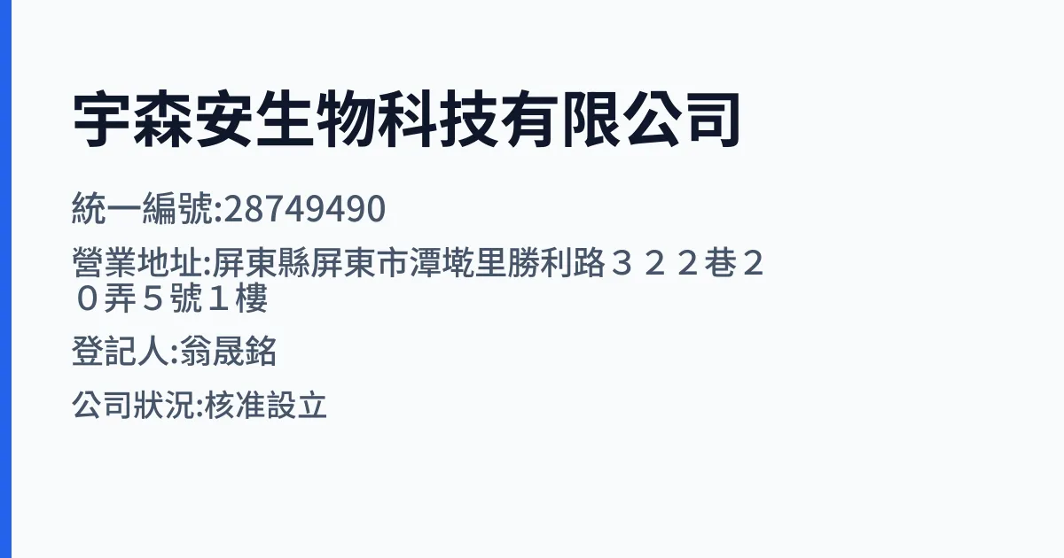 宇森安生物科技有限公司 - 統編 28749490(屏東縣) 公司登記資料與營業項目詳細圖表