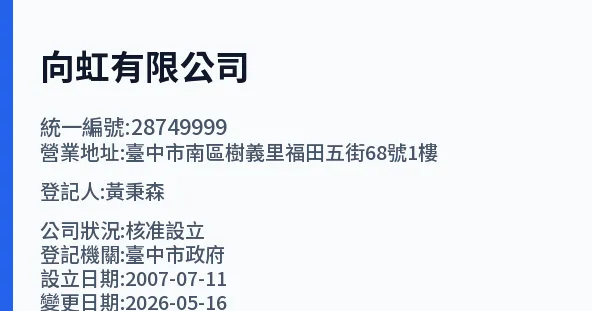 向虹有限公司的照片-統編 28749999(臺中市) 公司登記資料與營業項目詳細圖表