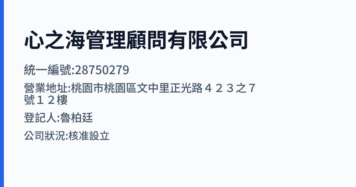 心之海管理顧問有限公司 - 統編 28750279(桃園市) 公司登記資料與營業項目詳細圖表