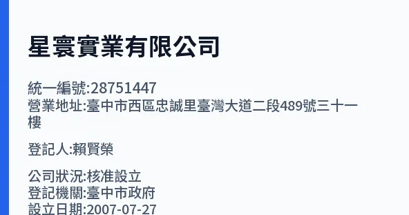 星寰實業有限公司的照片-統編 28751447(臺中市) 公司登記資料與營業項目詳細圖表