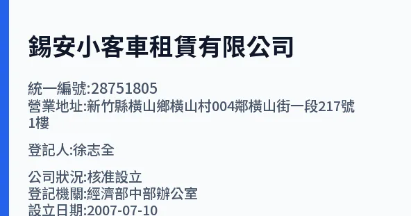 錫安小客車租賃有限公司的照片-統編 28751805(新竹縣) 公司登記資料與營業項目詳細圖表