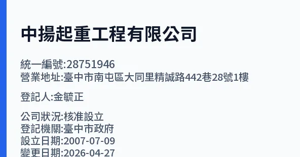 中揚起重工程有限公司的照片-統編 28751946(臺中市) 公司登記資料與營業項目詳細圖表
