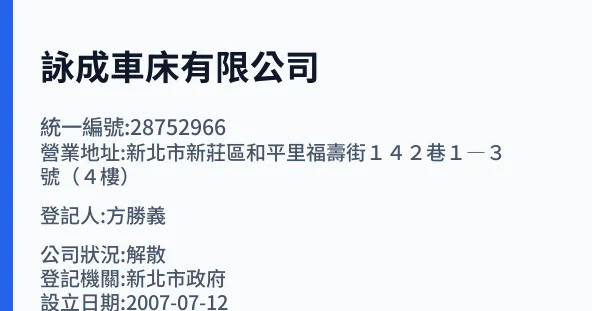 詠成車床有限公司的照片-統編 28752966(新北市) 公司登記資料與營業項目詳細圖表