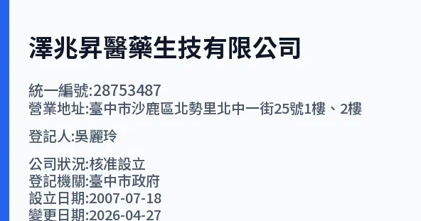 澤兆昇醫藥生技有限公司的照片-統編 28753487(臺中市) 公司登記資料與營業項目詳細圖表