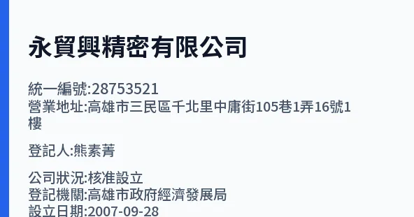 永貿興精密有限公司的照片-統編 28753521(高雄市) 公司登記資料與營業項目詳細圖表