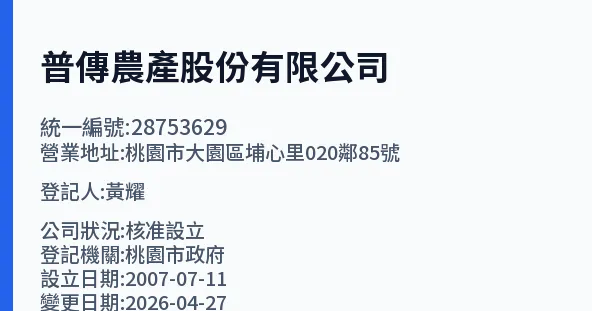 普傳農產股份有限公司的照片-統編 28753629(桃園市) 公司登記資料與營業項目詳細圖表