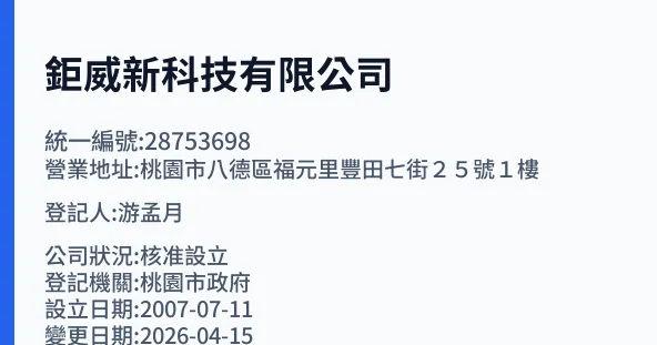 鉅威新科技有限公司的照片-統編 28753698(桃園市) 公司登記資料與營業項目詳細圖表