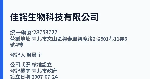 佳諾生物科技有限公司的照片-統編 28753727(臺北市) 公司登記資料與營業項目詳細圖表