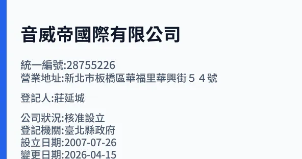 音威帝國際有限公司的照片-統編 28755226(新北市) 公司登記資料與營業項目詳細圖表
