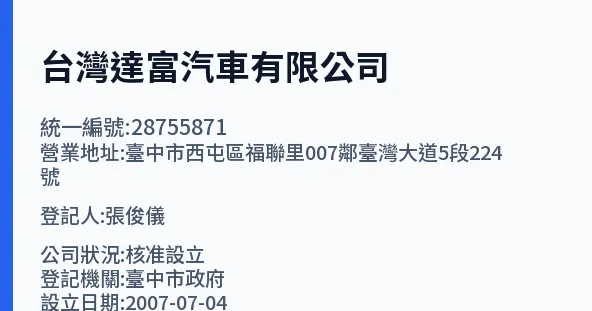 台灣達富汽車有限公司的照片-統編 28755871(臺中市) 公司登記資料與營業項目詳細圖表