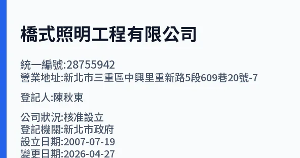 橋式照明工程有限公司的照片-統編 28755942(新北市) 公司登記資料與營業項目詳細圖表