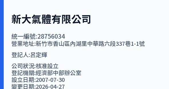 新大氣體有限公司的照片-統編 28756034(新竹市) 公司登記資料與營業項目詳細圖表