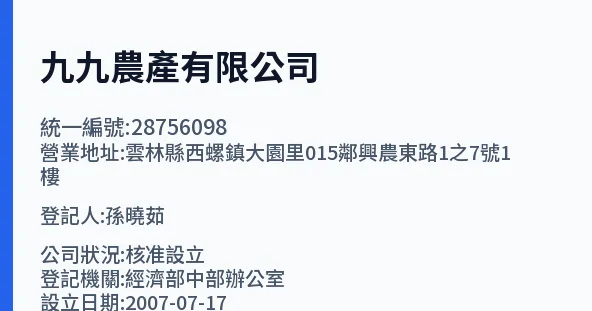九九農產有限公司的照片-統編 28756098(雲林縣) 公司登記資料與營業項目詳細圖表