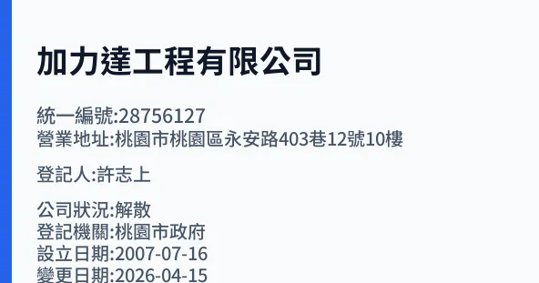 加力達工程有限公司的照片-統編 28756127(桃園市) 公司登記資料與營業項目詳細圖表