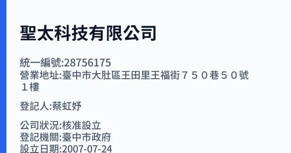 聖太科技有限公司的照片-統編 28756175(臺中市) 公司登記資料與營業項目詳細圖表