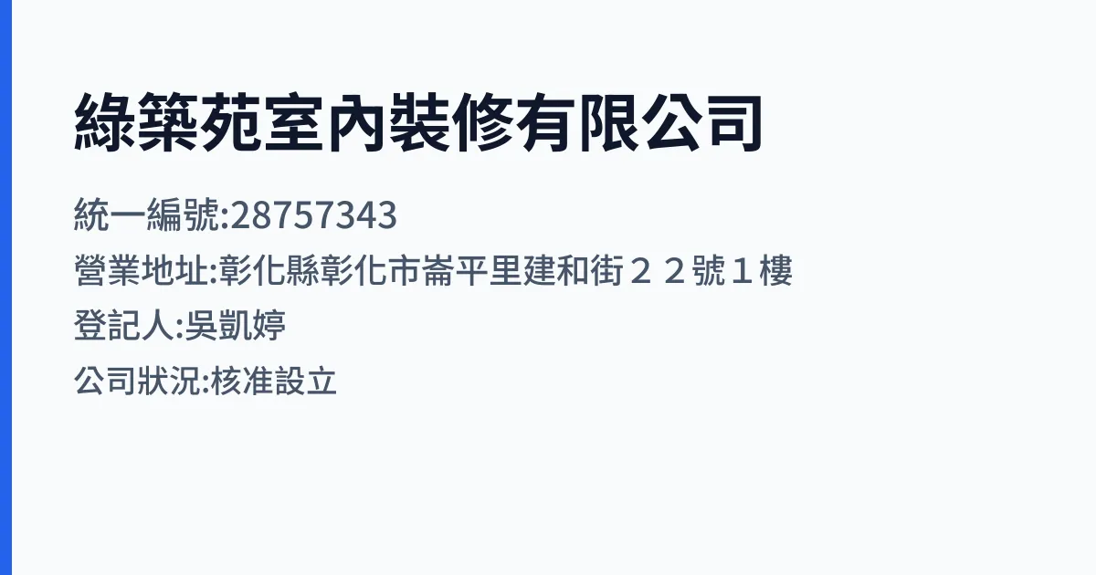 綠築苑室內裝修有限公司 - 統編 28757343(彰化縣) 公司登記資料與營業項目詳細圖表