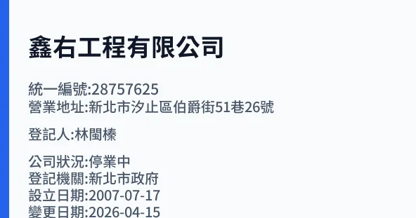 鑫右工程有限公司的照片-統編 28757625(新北市) 公司登記資料與營業項目詳細圖表