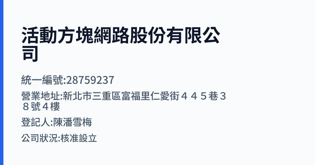 活動方塊網路股份有限公司 - 統編 28759237(新北市) 公司登記資料與營業項目詳細圖表
