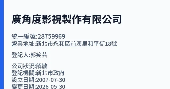 廣角度影視製作有限公司的照片-統編 28759969(新北市) 公司登記資料與營業項目詳細圖表