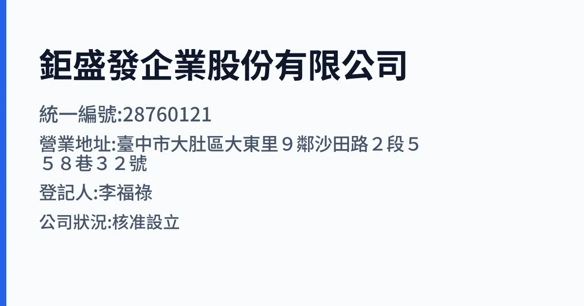 鉅盛發企業股份有限公司 - 統編 28760121(臺中市) 公司登記資料與營業項目詳細圖表