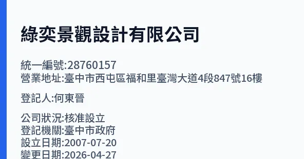 綠奕景觀設計有限公司的照片-統編 28760157(臺中市) 公司登記資料與營業項目詳細圖表