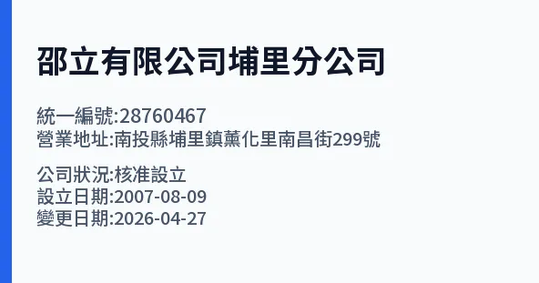 邵立有限公司埔里分公司的照片-統編 28760467(南投縣) 公司登記資料與營業項目詳細圖表