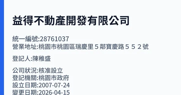 益得不動產開發有限公司的照片-統編 28761037(桃園市) 公司登記資料與營業項目詳細圖表