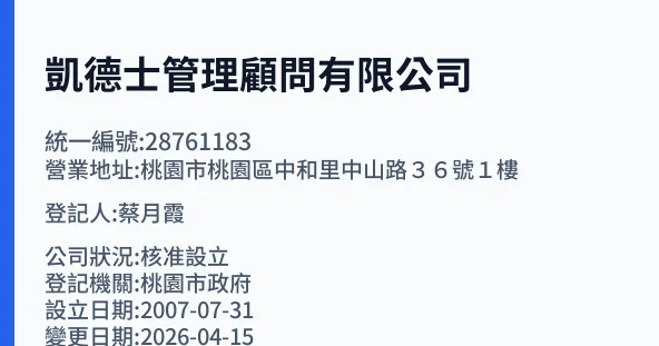 凱德士管理顧問有限公司的照片-統編 28761183(桃園市) 公司登記資料與營業項目詳細圖表