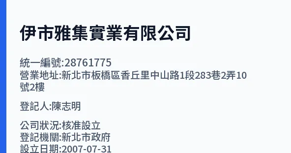 伊市雅集實業有限公司的照片-統編 28761775(新北市) 公司登記資料與營業項目詳細圖表