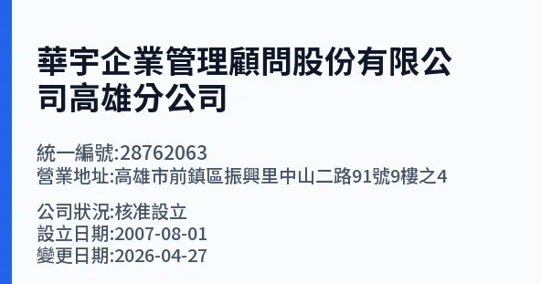 華宇企業管理顧問股份有限公司高雄分公司的照片-統編 28762063(高雄市) 公司登記資料與營業項目詳細圖表