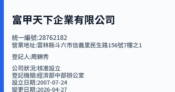 富甲天下企業有限公司的照片-統編 28762182(雲林縣) 公司登記資料與營業項目詳細圖表