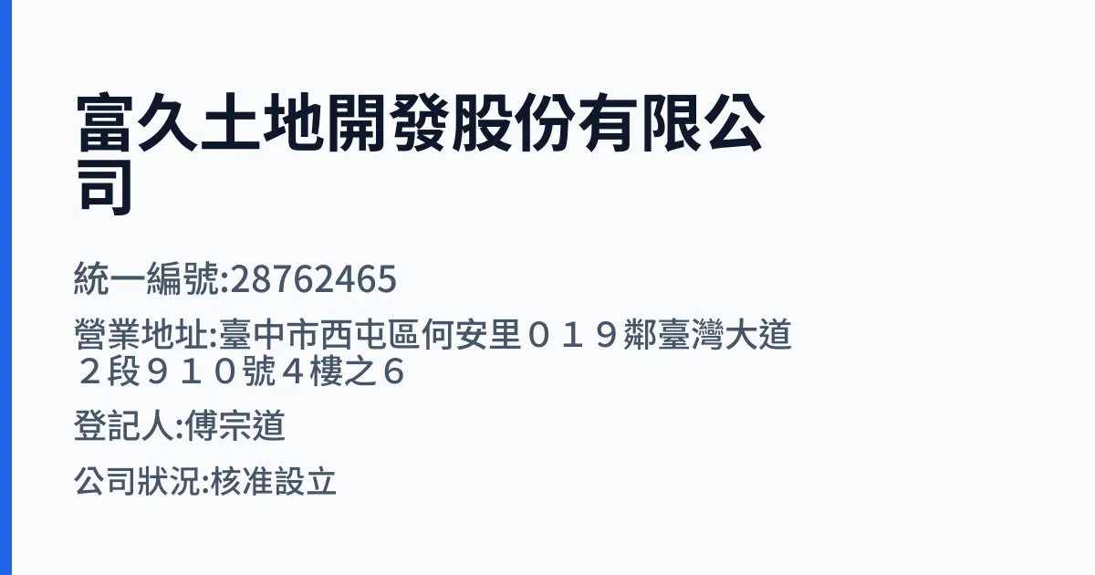 富久土地開發股份有限公司 - 統編 28762465(臺中市) 公司登記資料與營業項目詳細圖表