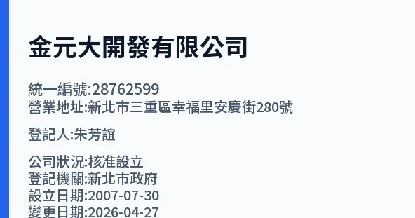 金元大開發有限公司的照片-統編 28762599(新北市) 公司登記資料與營業項目詳細圖表