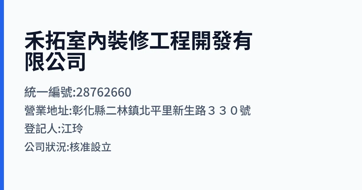禾拓室內裝修工程開發有限公司 - 統編 28762660(彰化縣) 公司登記資料與營業項目詳細圖表
